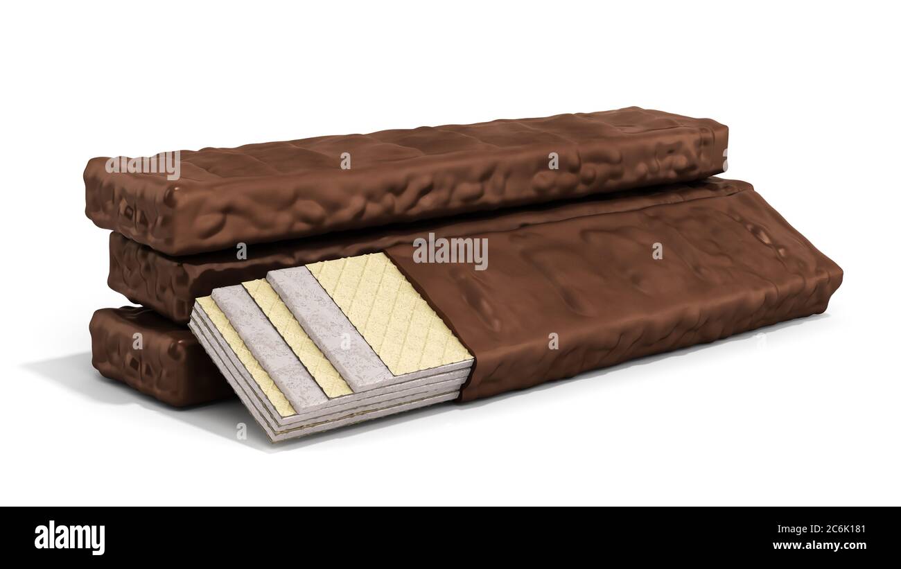 Four rectangle shape wafer biscuits in chocolate icing 3d render on ...