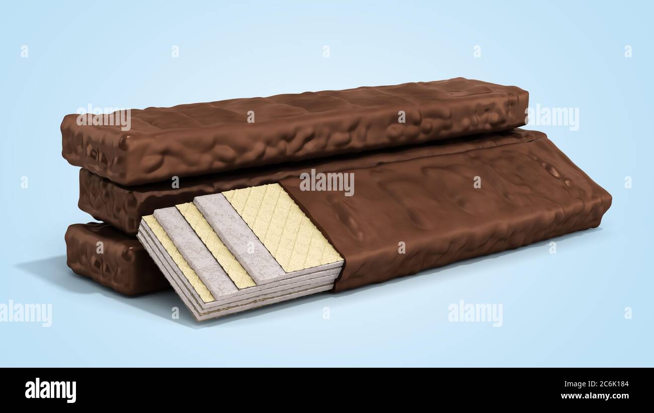 Four rectangle shape wafer biscuits in chocolate icing 3d render on ...
