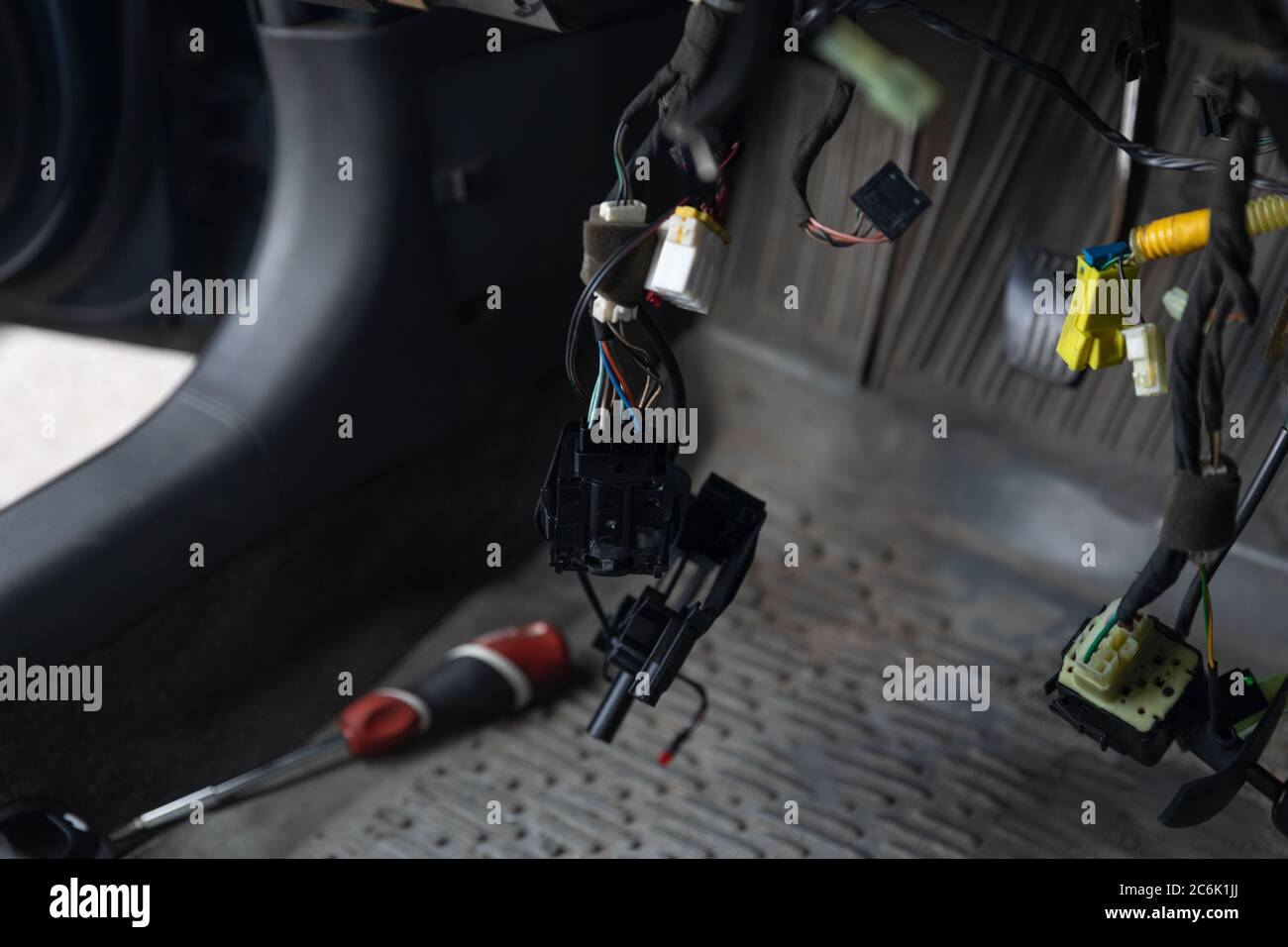 Close Up car steering wheel repair after the accident. Disconnecting of ...