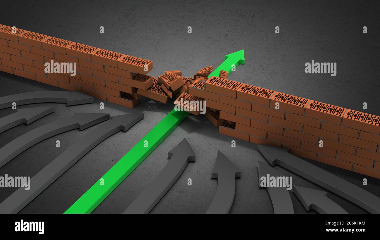obstacle management concept green arrow breaks through the wall 3d ...