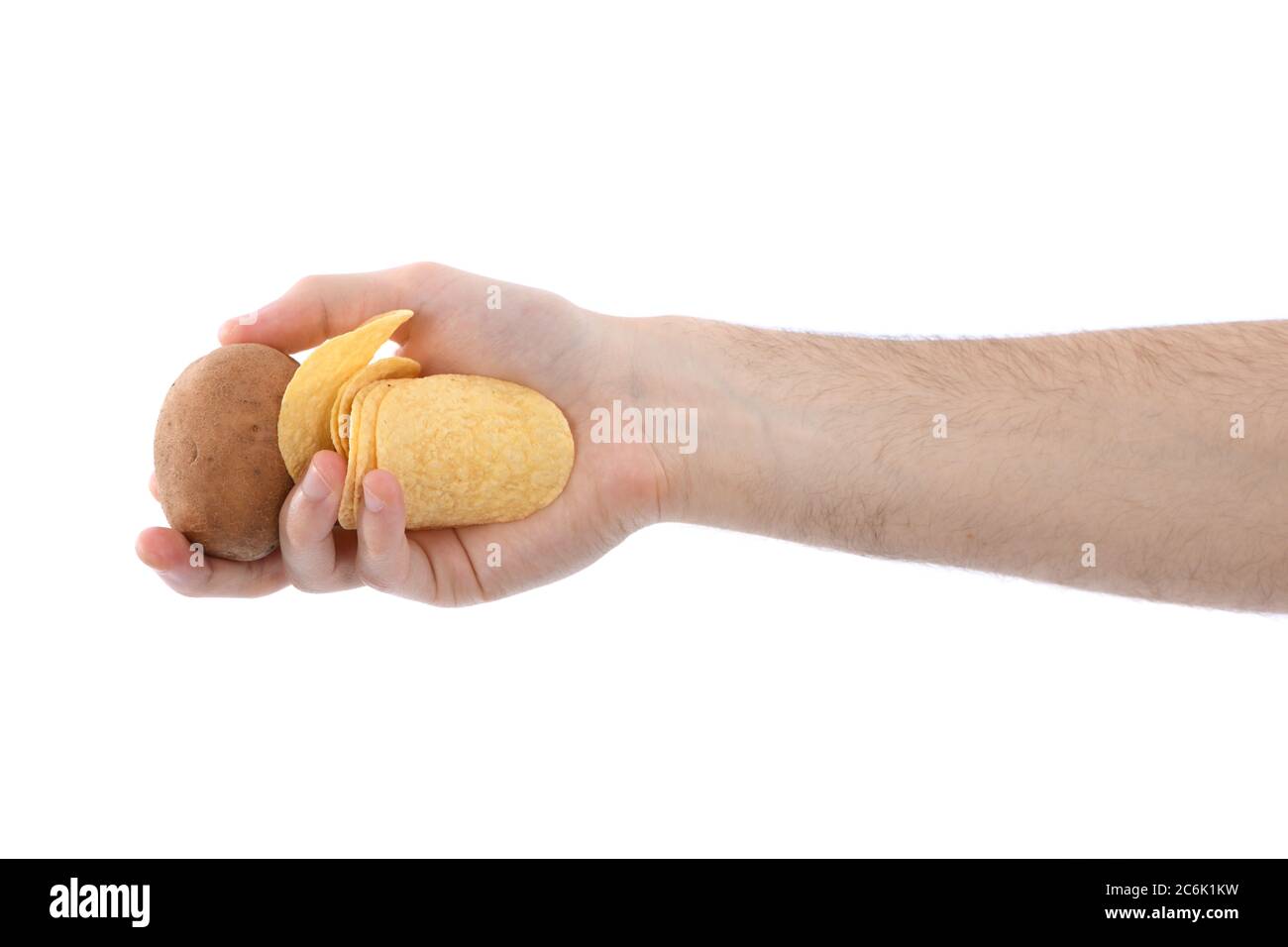 Male hand holding potato and chips. Isolated on white background. High ...