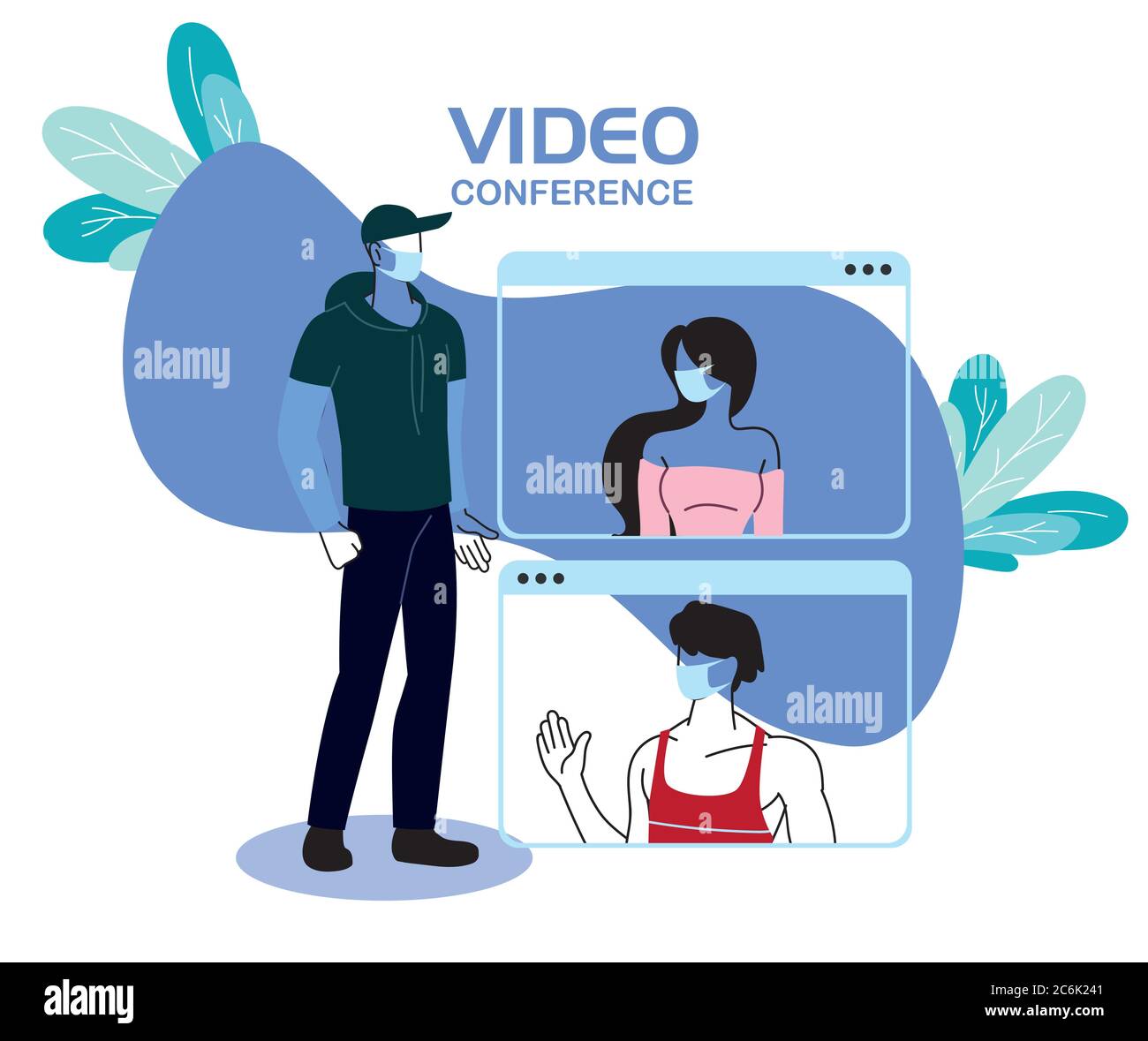 people with masks in video conference vector illustration desing Stock ...