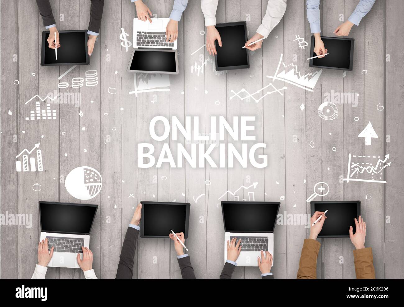 Group of Busy People Working in an Office with ONLINE BANKING ...