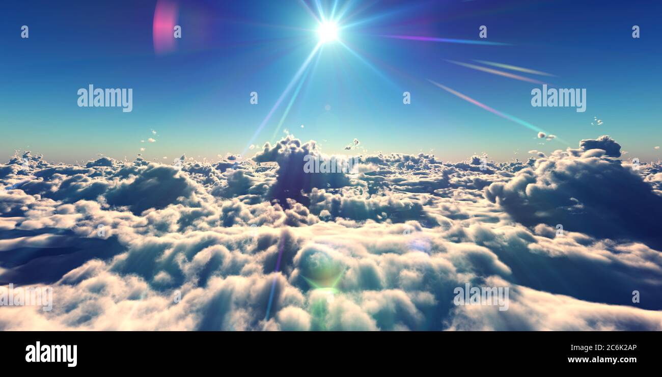 fly above clouds sunset landscape, 3d render illustration Stock Photo ...