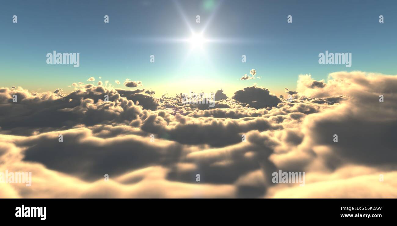 fly above clouds sunset landscape, 3d render illustration Stock Photo ...