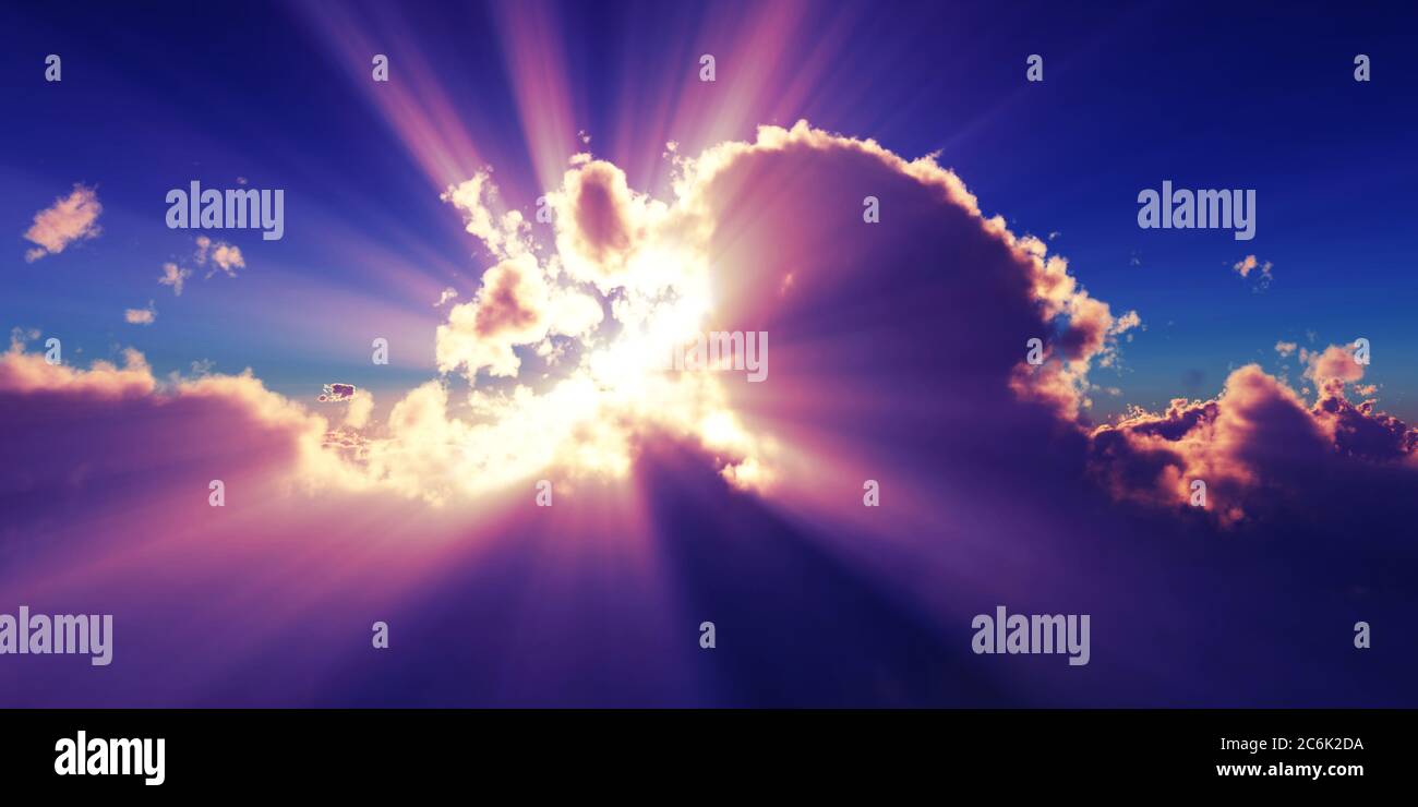 above clouds sun ray sunset. 3d render illustration Stock Photo - Alamy