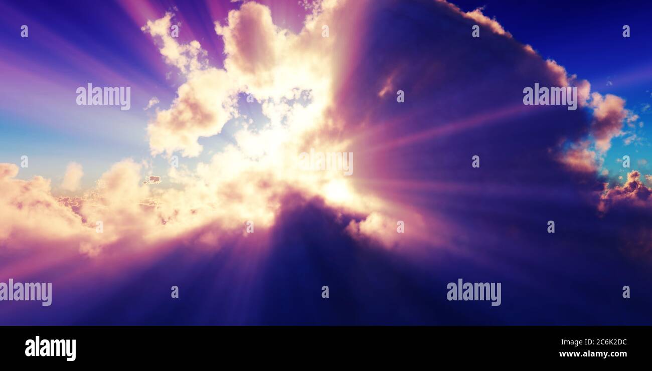 above clouds sun ray sunset. 3d render illustration Stock Photo - Alamy