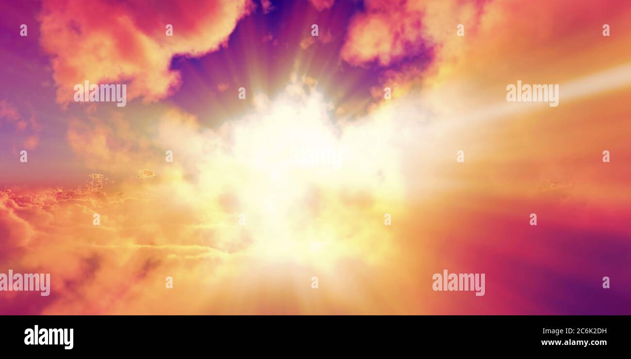 above clouds sun ray sunset. 3d render illustration Stock Photo - Alamy