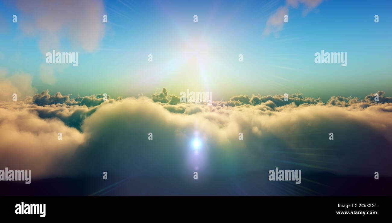 Beautiful aerial view above clouds with sunset. 3d illustration Stock ...