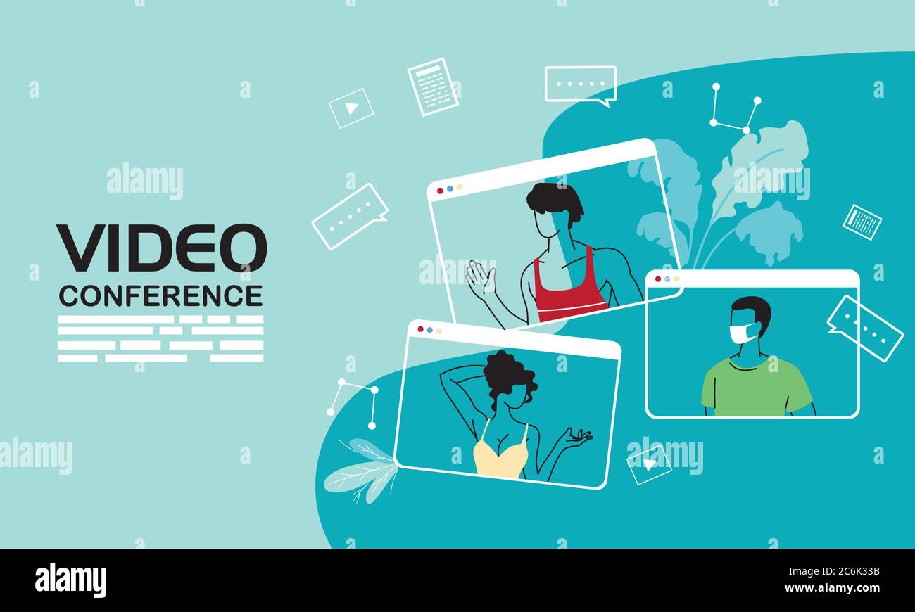 people with masks in video conference vector illustration desing Stock ...