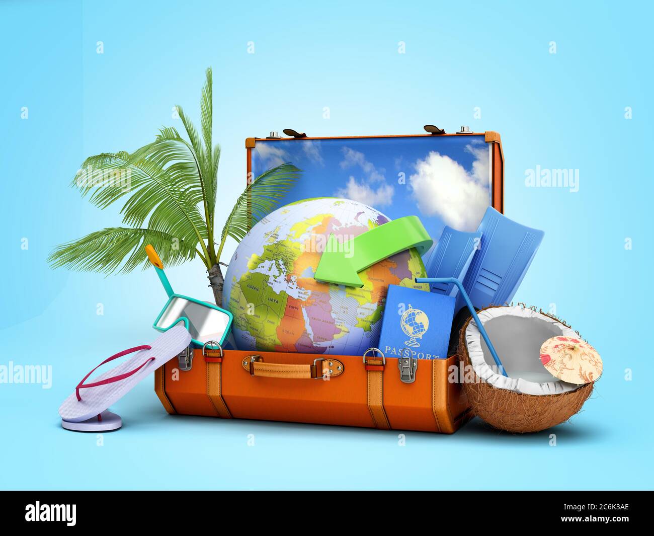 modern summer travel concept suitcase with a globe inside near ...