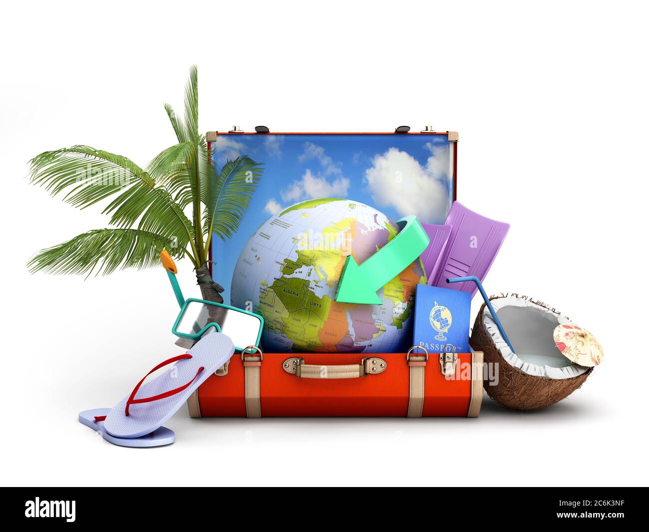 modern summer travel concept suitcase with a globe inside near ...