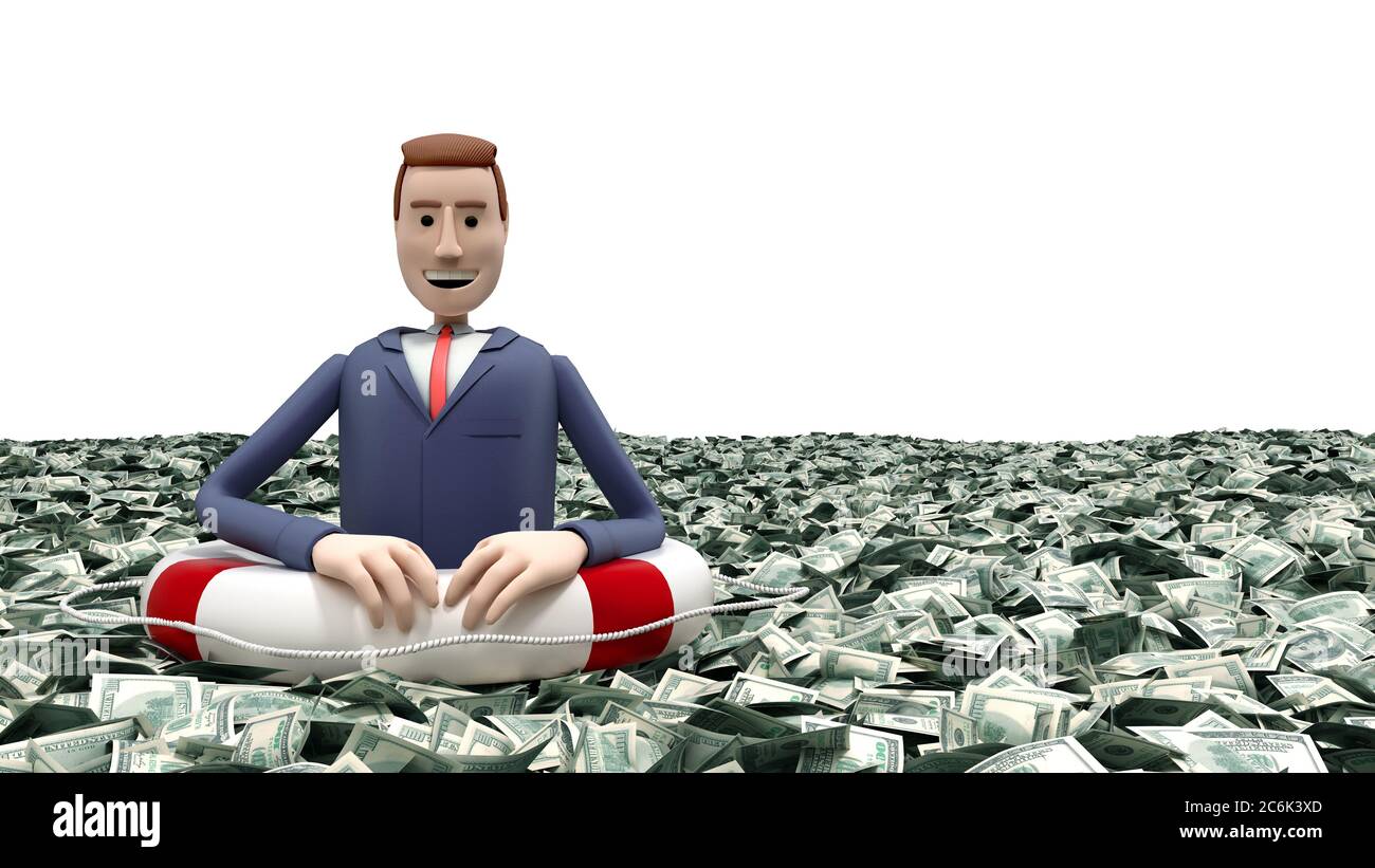 cartoon businessman floating in a sea of money dollar bills on a life ...