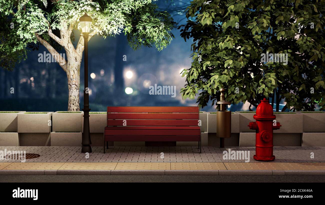 night street background bench on the sidewalk 3d render image Stock ...