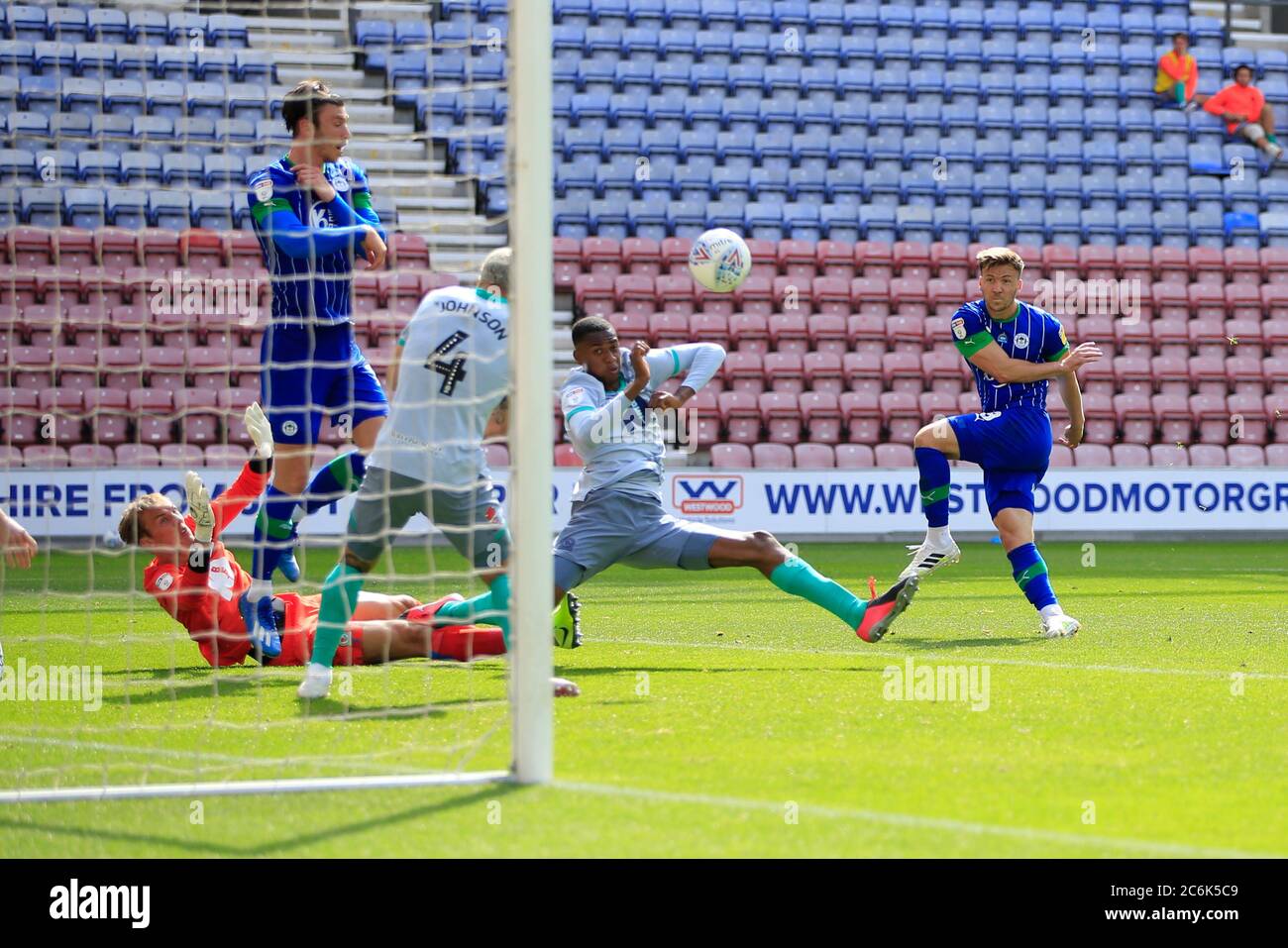 Lee Evans (08) of Wigan Athletic scores in the 81st minute to make it 1 ...
