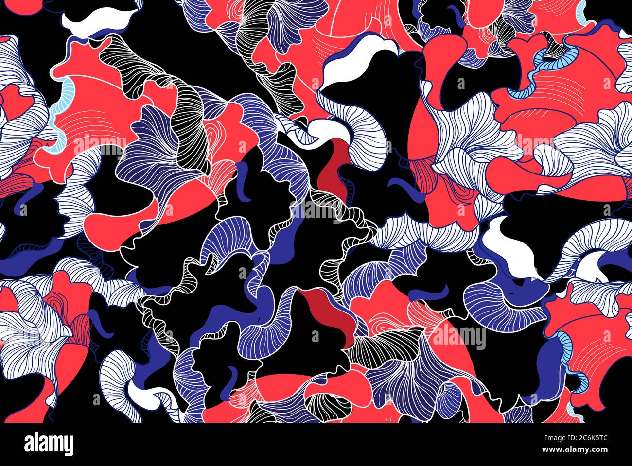 Seamless abstract background with wavy objects on a dark background. An ...