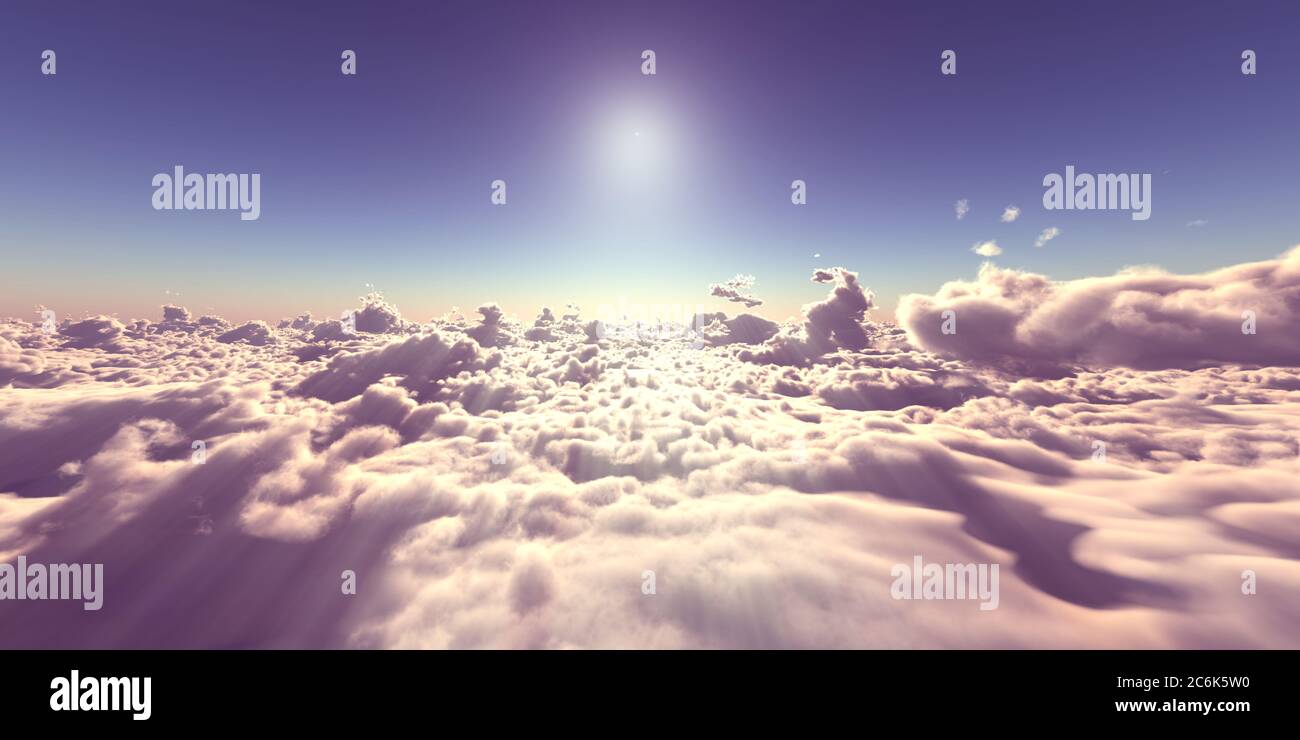 fly above clouds sunset landscape, 3d render illustration Stock Photo ...