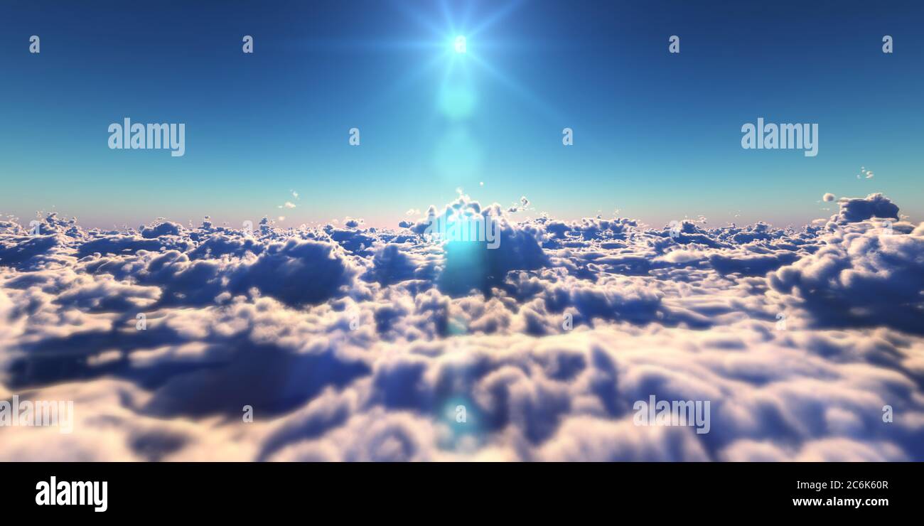 fly above clouds sunset landscape, 3d render illustration Stock Photo ...