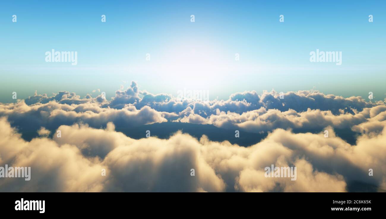 Beautiful aerial view above clouds with sunset. 3d illustration Stock ...