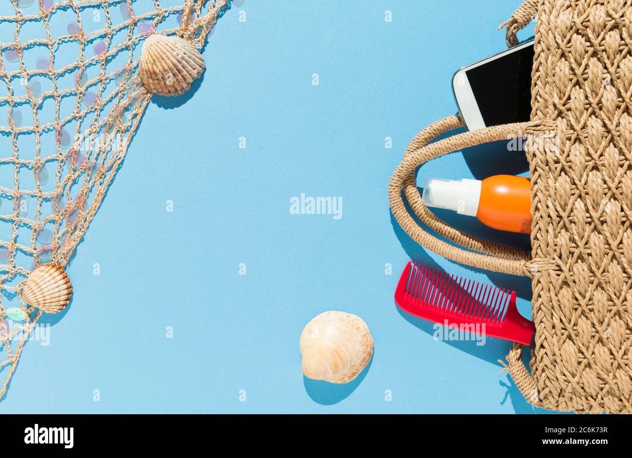 Top view of beach objects on blue background. Summer and vacation ...