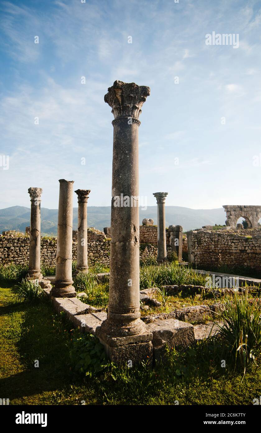 Ancient Roman ruins at an archaeological site, Volubilis, Morocco Stock ...