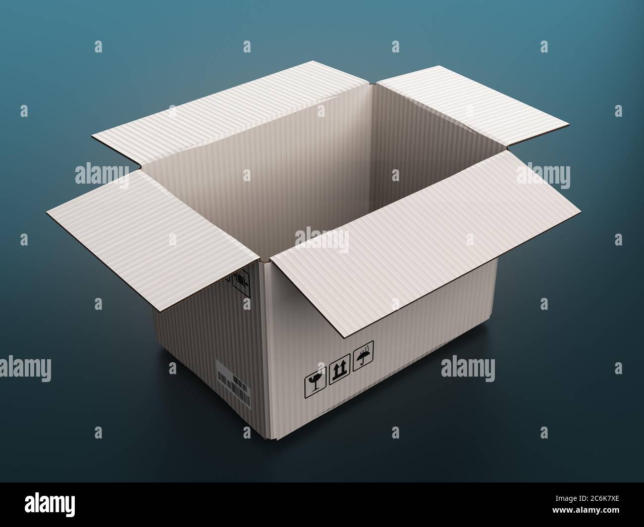 open clear white cardboard delivery box 3d render on darck blue ...