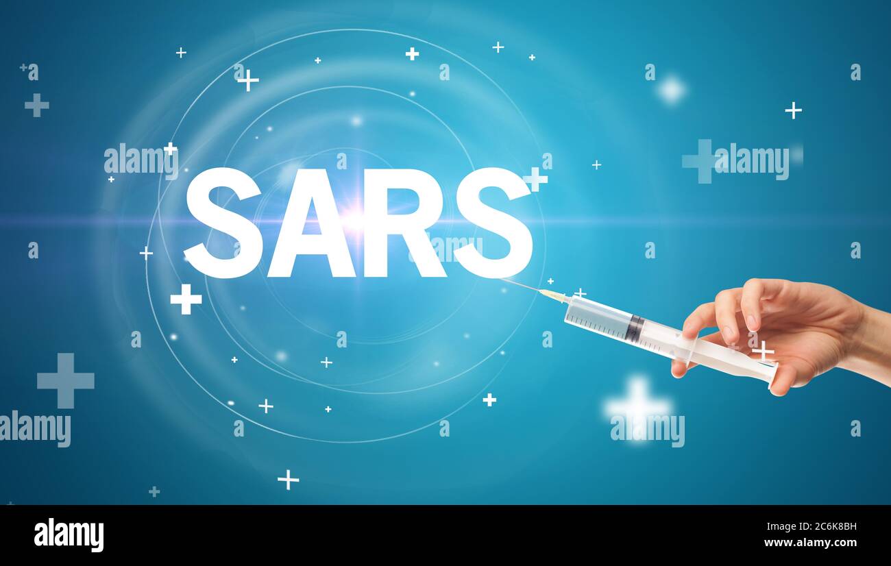 Syringe needle with virus vaccine and SARS abbreviation, antidote ...