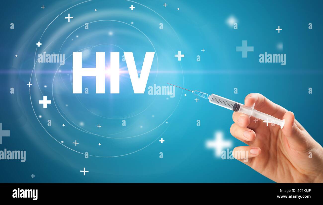 Syringe needle with virus vaccine and HIV abbreviation, antidote ...