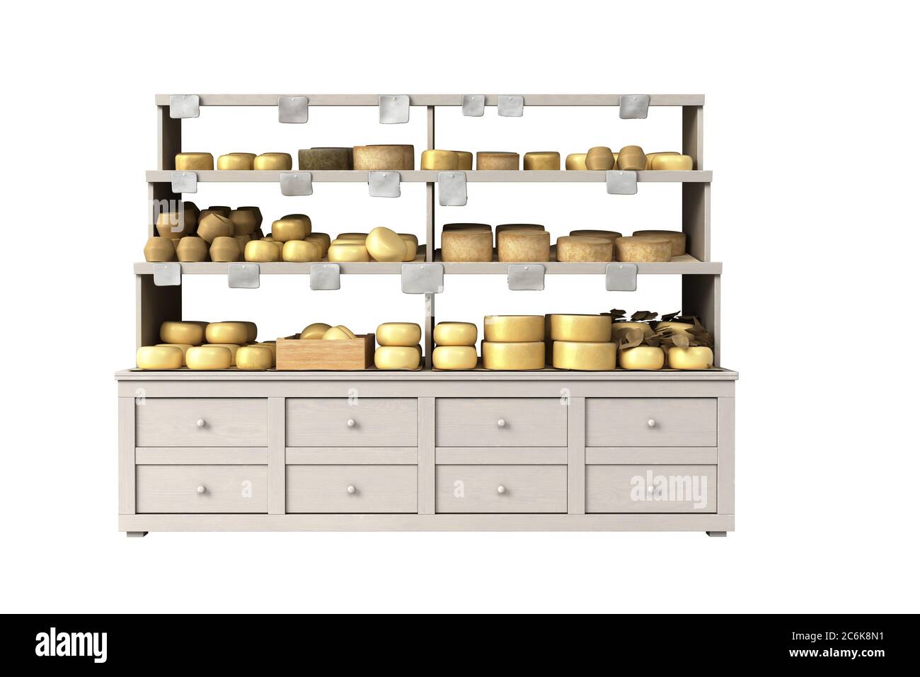 cheese on shelves in a supermarket 3d render illustration on white no ...