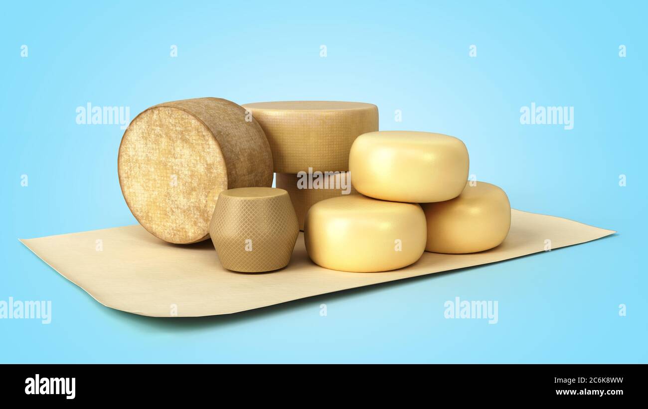 set of different types of cheese presentation option 3d render on blue ...