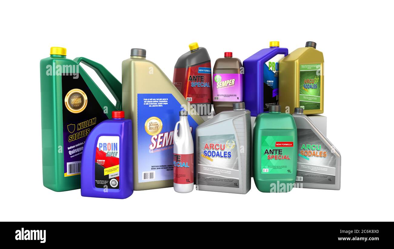 set of different types of engine oil cans presentation option 3d render ...