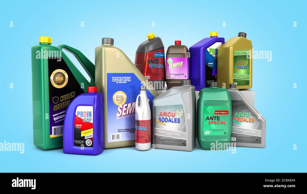 set of different types of engine oil cans presentation option 3d render ...