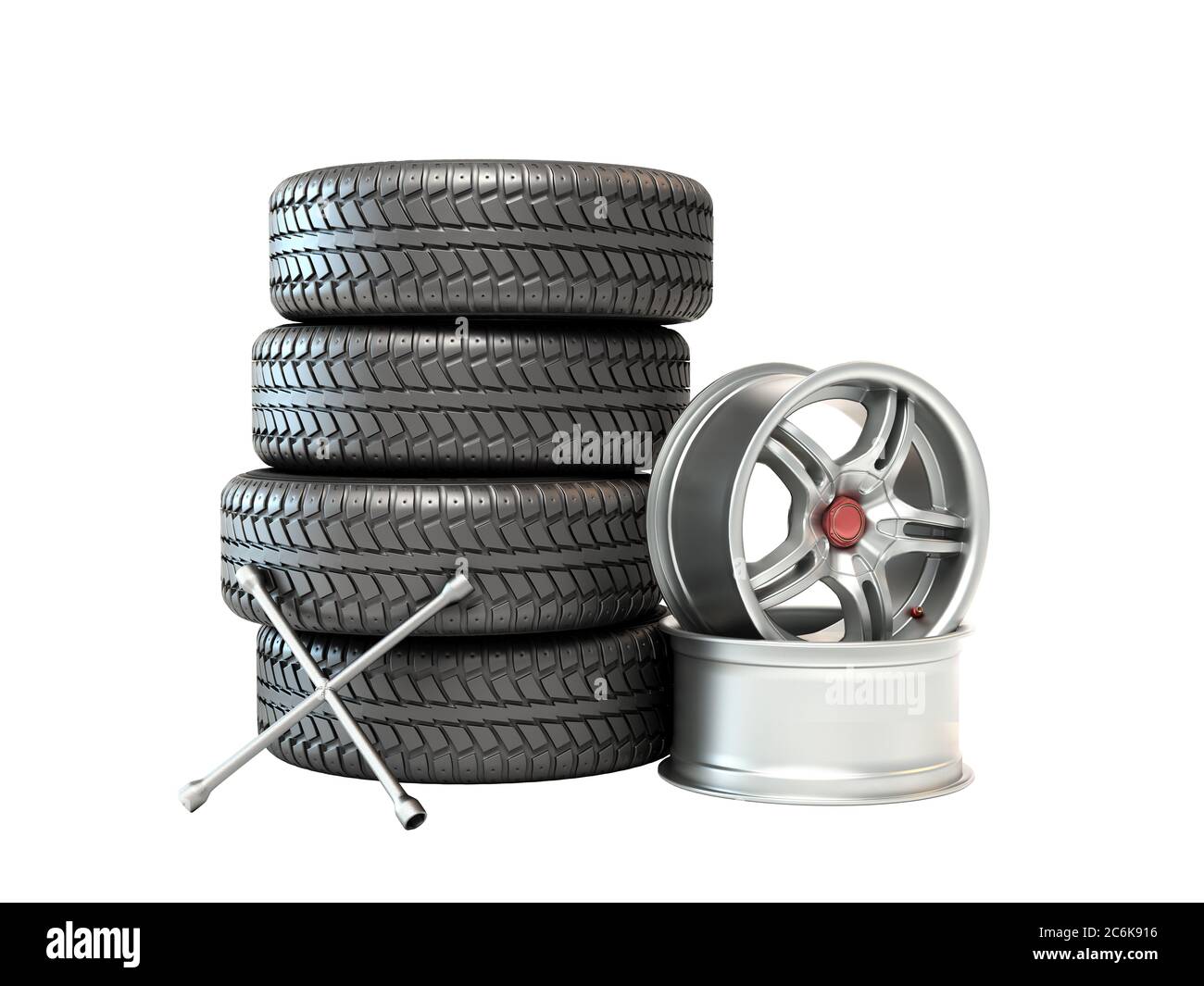 tire fitting concept car wheels in stack 3d illustration on white no ...