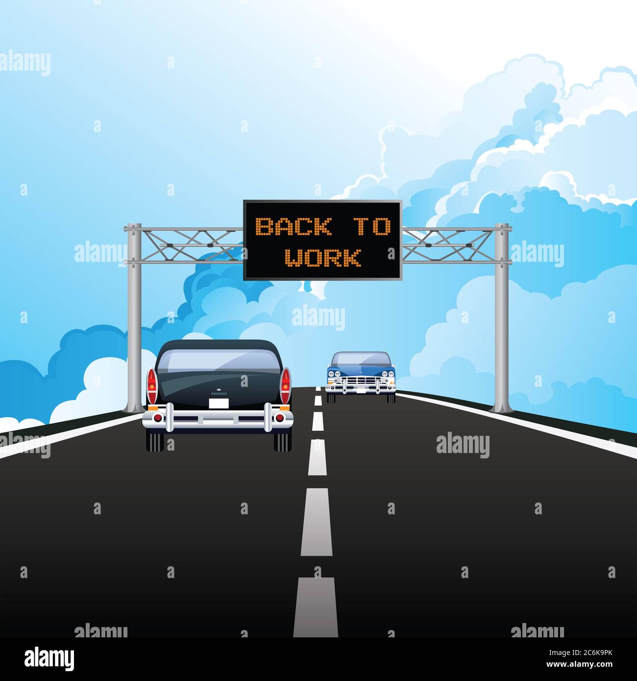 Highway digital overhead gantry sign with back to work message ...