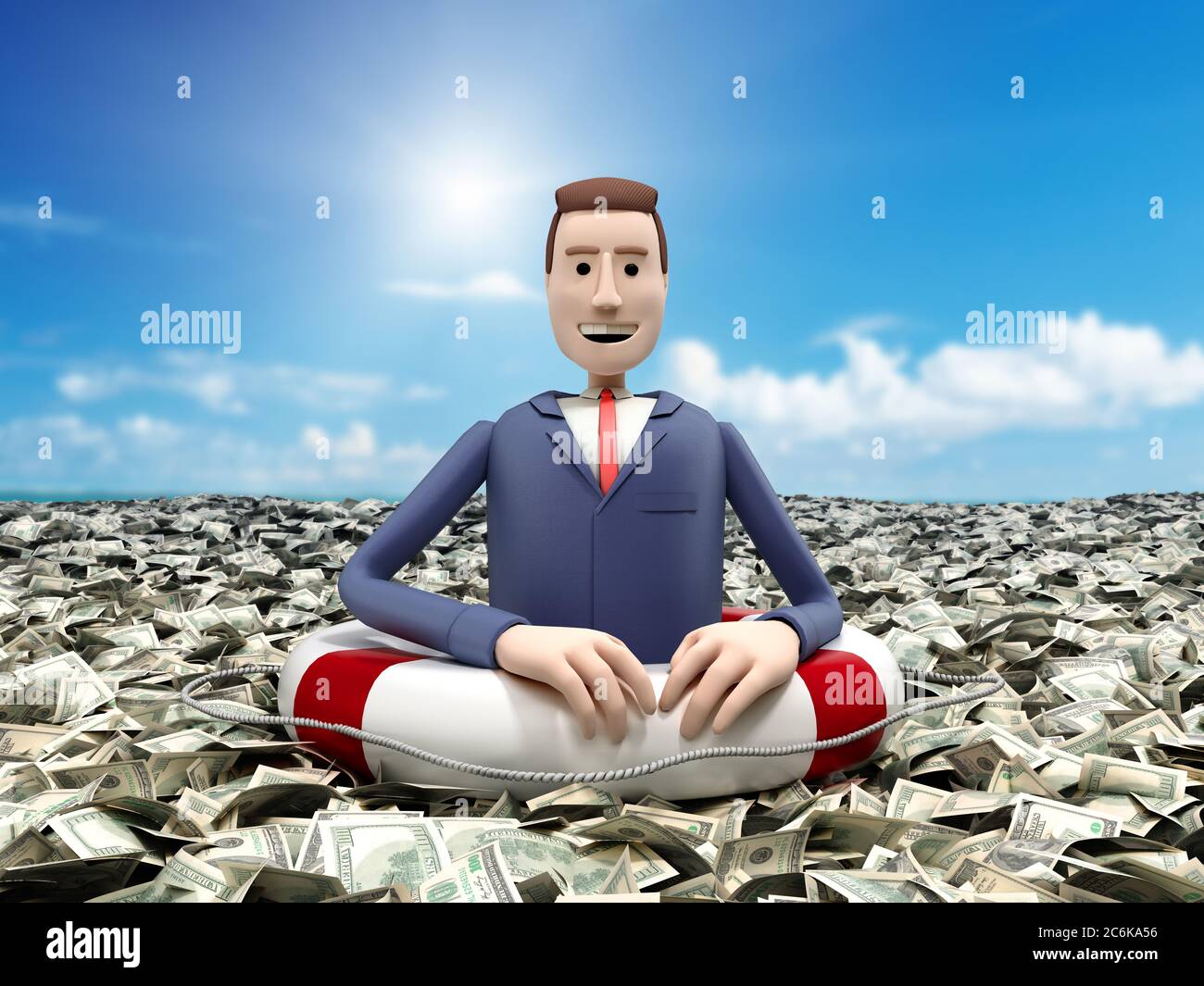 cartoon businessman floating in a sea of money dollar bills on a life ...