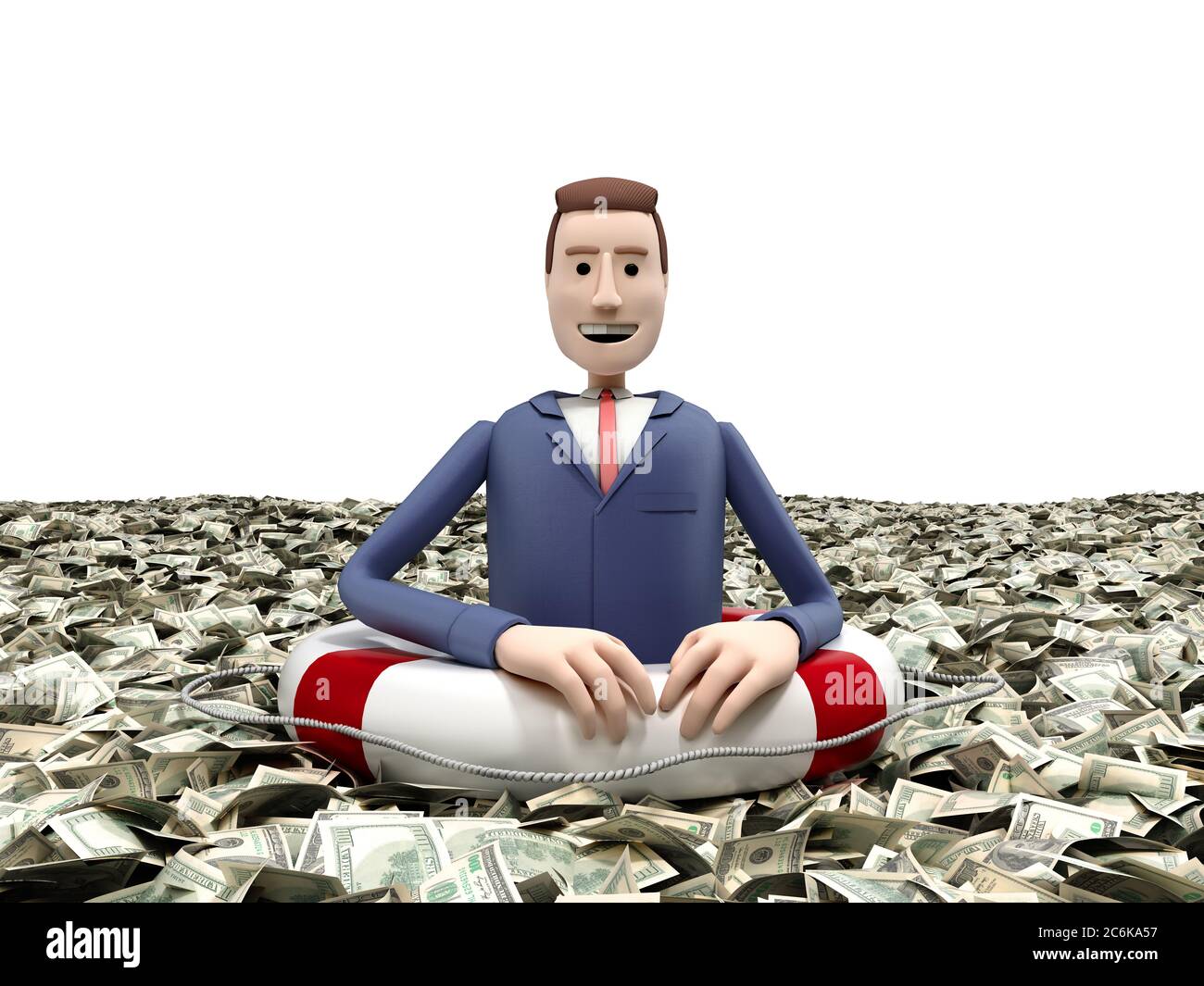 cartoon businessman floating in a sea of money dollar bills on a life ...