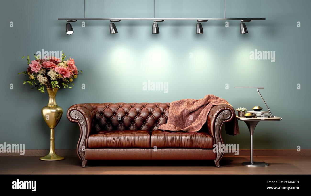 simple room interior render with brown leather sofa in darck style 3d ...