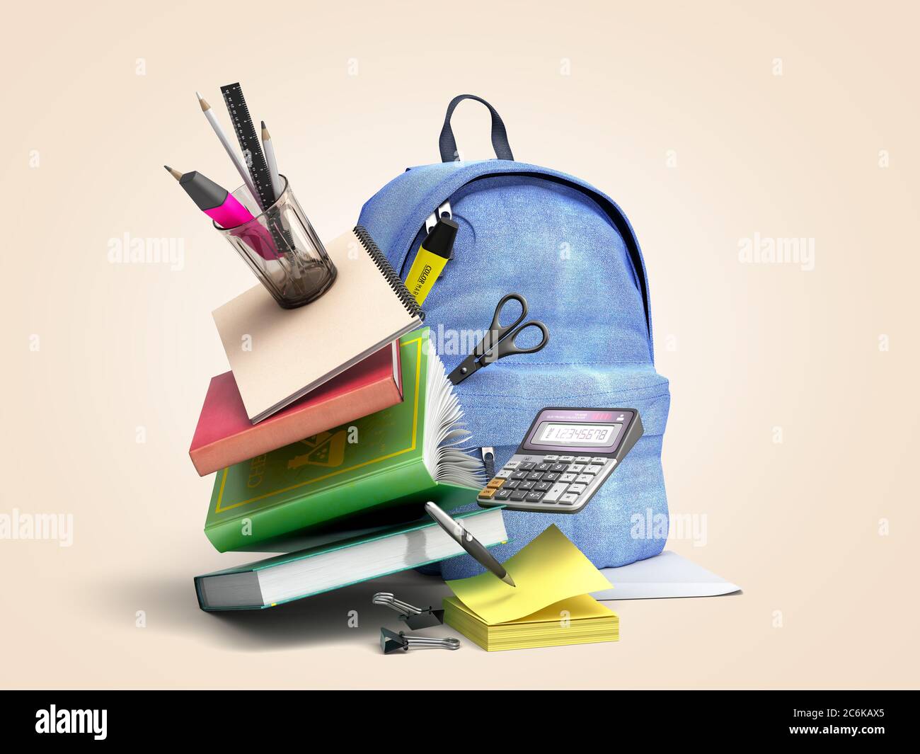 Blue backpack with school supplies 3d render on color gradient Stock ...