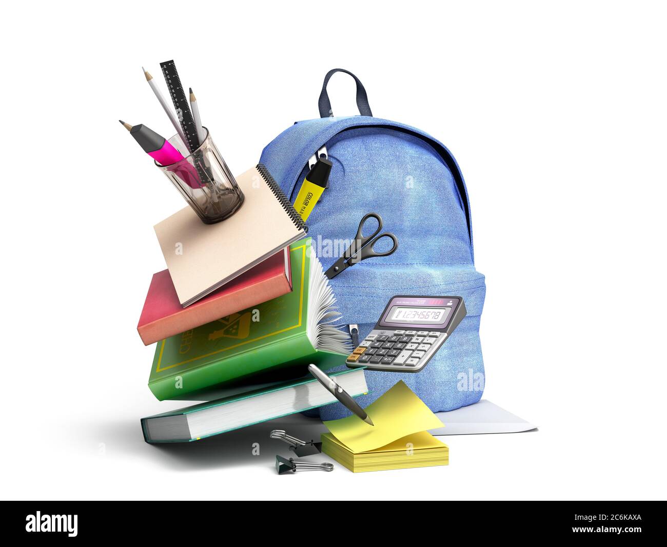 Blue backpack with school supplies 3d render on white Stock Photo - Alamy