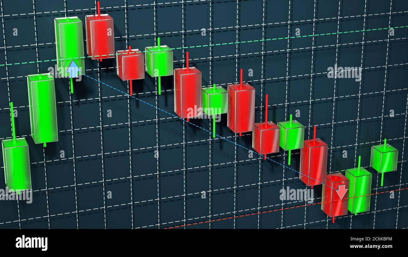 Business candle stick graph chart of stock market 3d render on darck ...