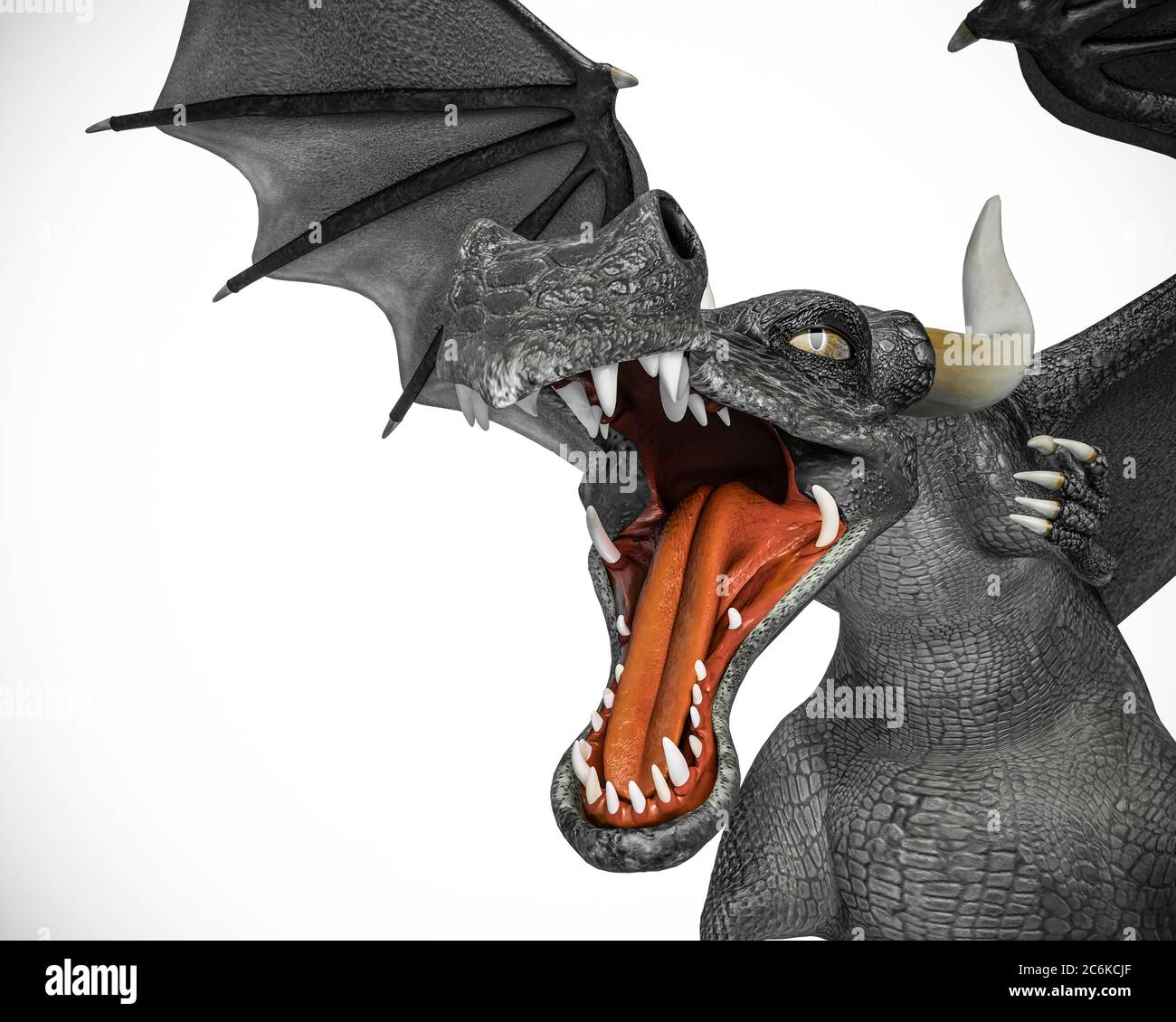 dragon cartoon attacking close up. This green monster in clipping path ...