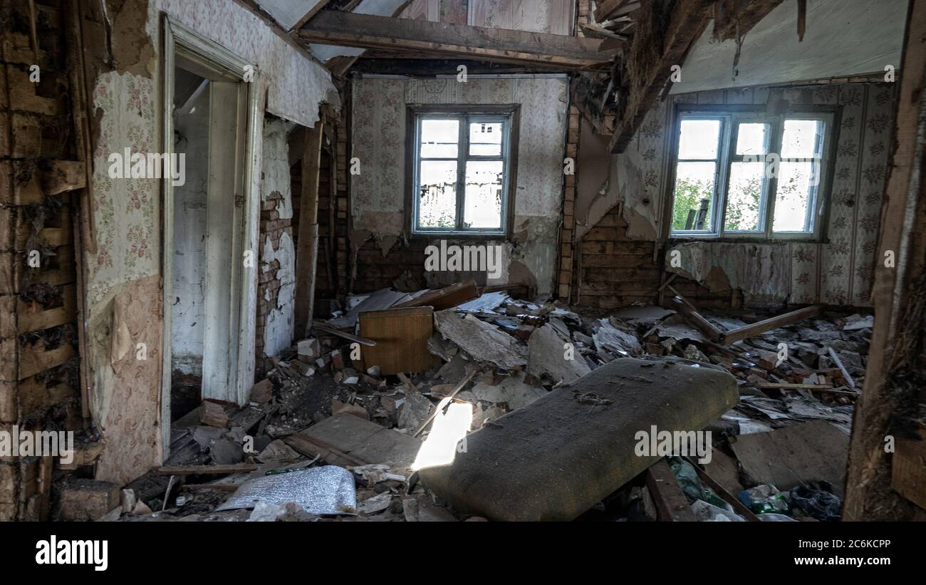 inside old ruined house. rooms and corridors in an abandoned building ...