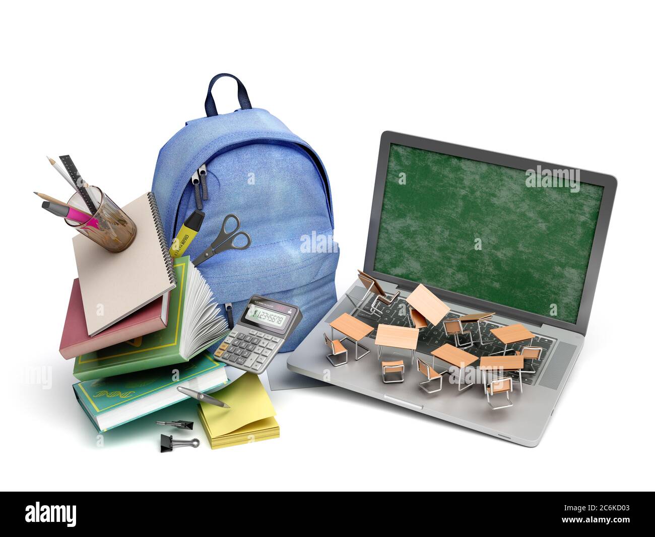 online learning concept Blue backpack with school supplies and laptop ...