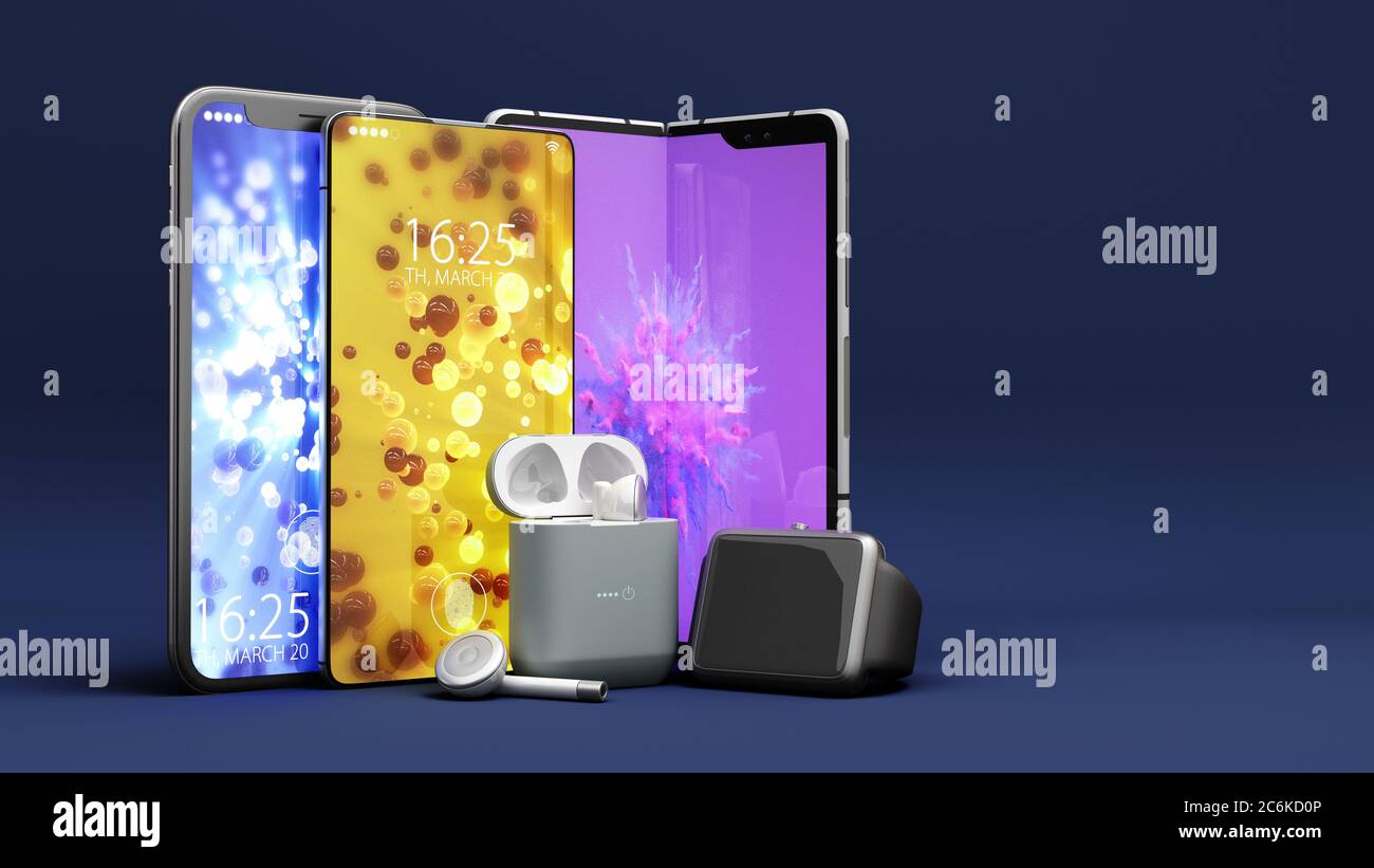 smartphones and accessories on the presentation background 3d render on darck blue Stock Photo ...
