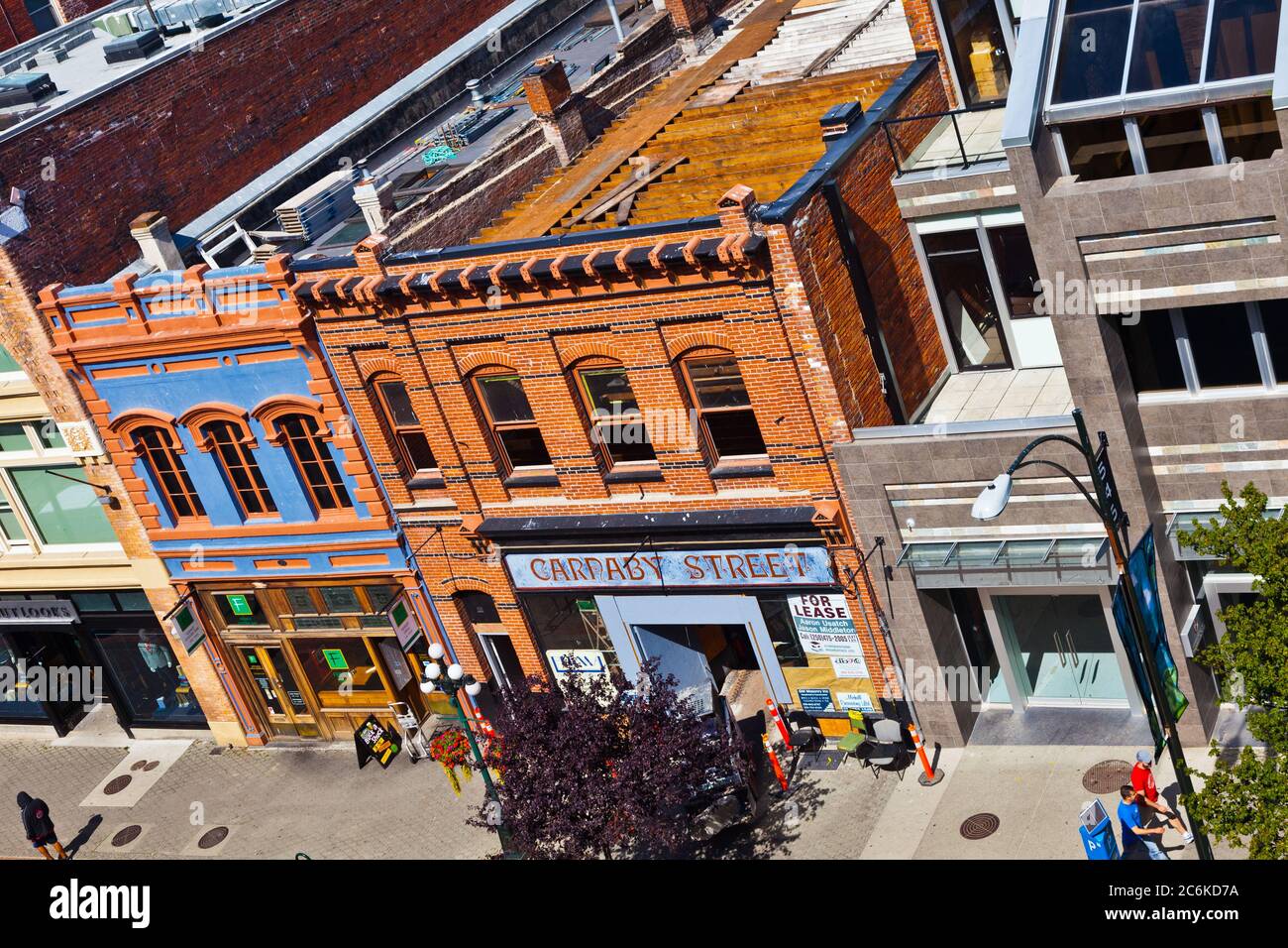 A view of heritage buildings on lower Yates Street in Victoria, British ...