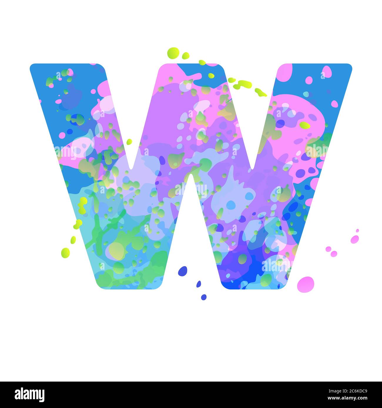 Bold letter W with effect of liquid spots of paint in blue, green, pink ...