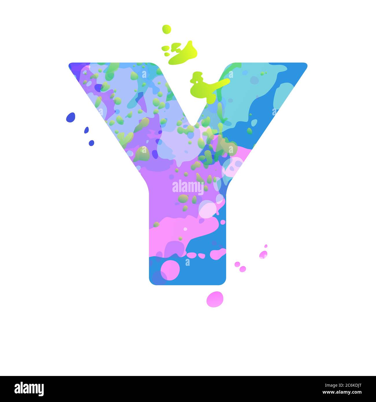 Bold letter Y with effect of liquid spots of paint in blue, green, pink ...