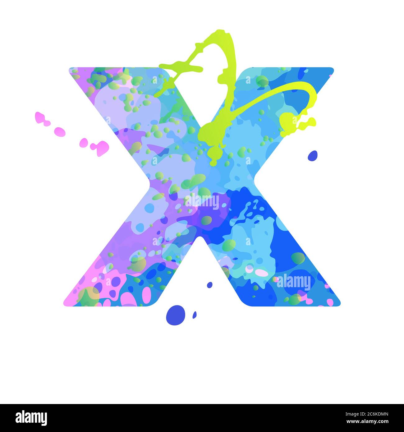 Bold letter X with effect of liquid spots of paint in blue, green, pink ...