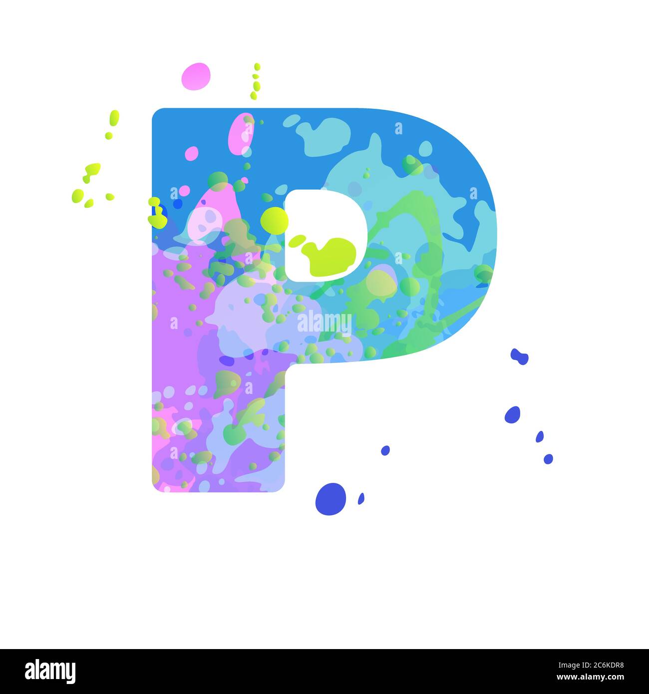 Bold letter P with effect of liquid spots of paint in blue, green, pink ...
