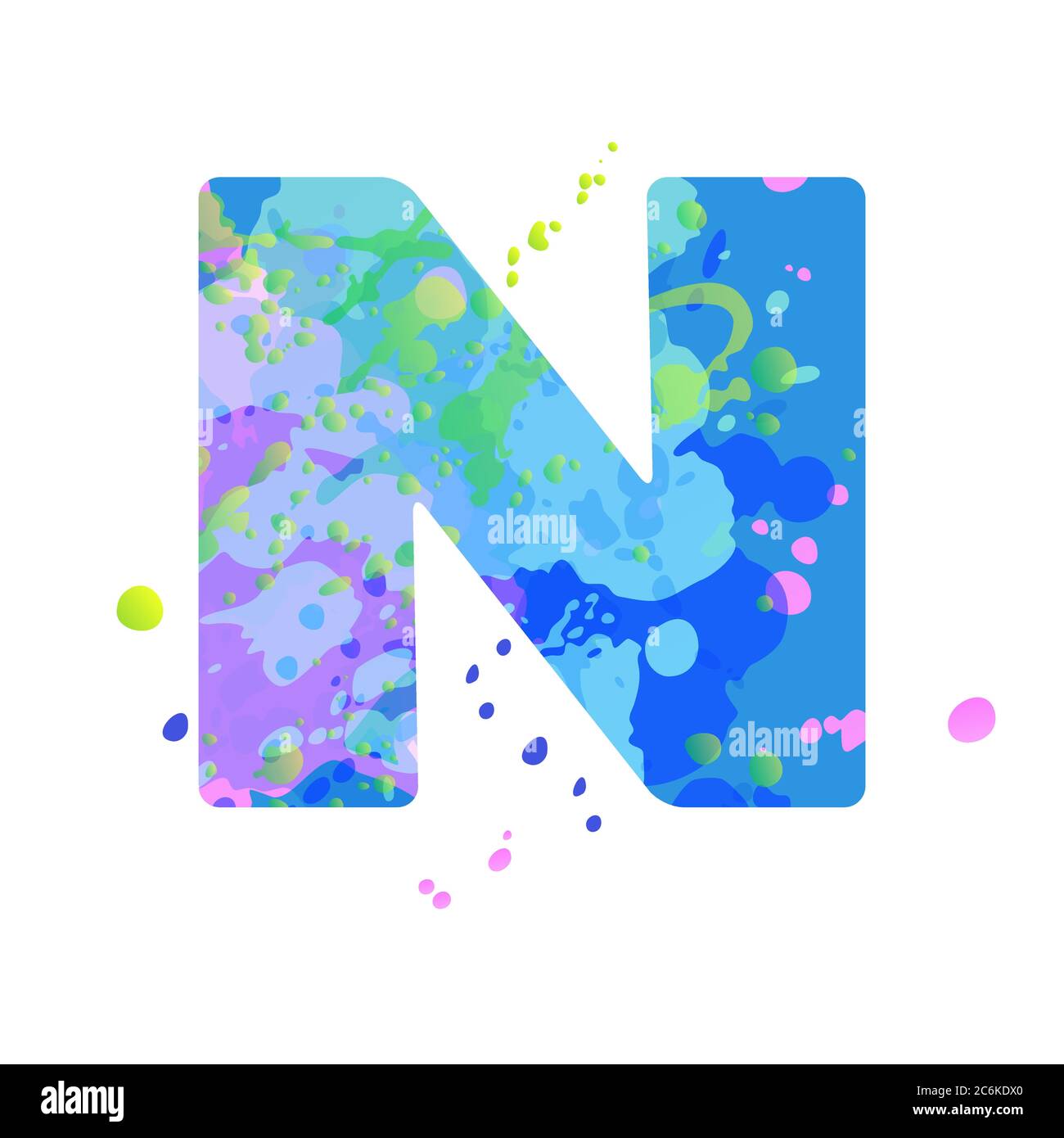 Bold letter N with effect of liquid spots of paint in blue, green, pink ...